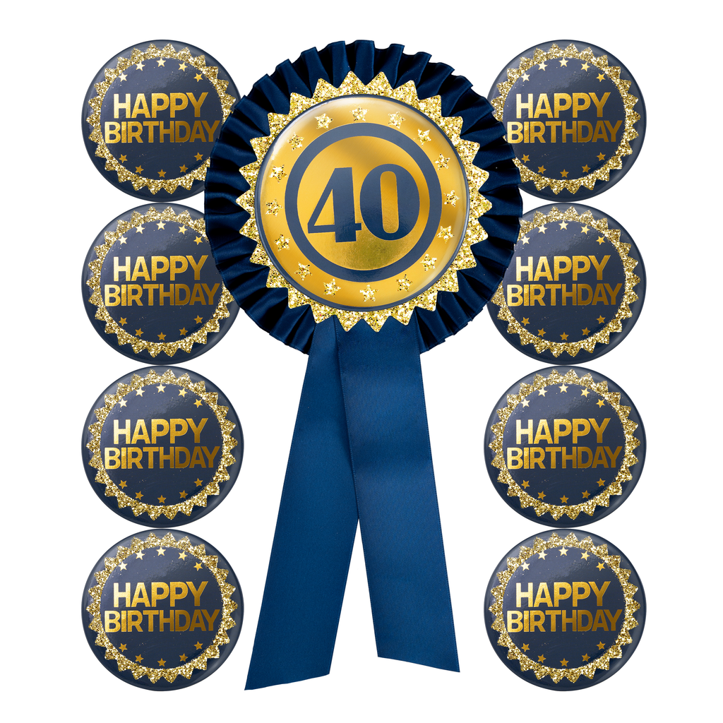 40th Birthday Badge and Button Pins Set in Navy Blue and Gold (9pcs ...